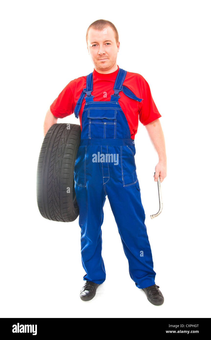 man with tire in hand on white background Stock Photo - Alamy