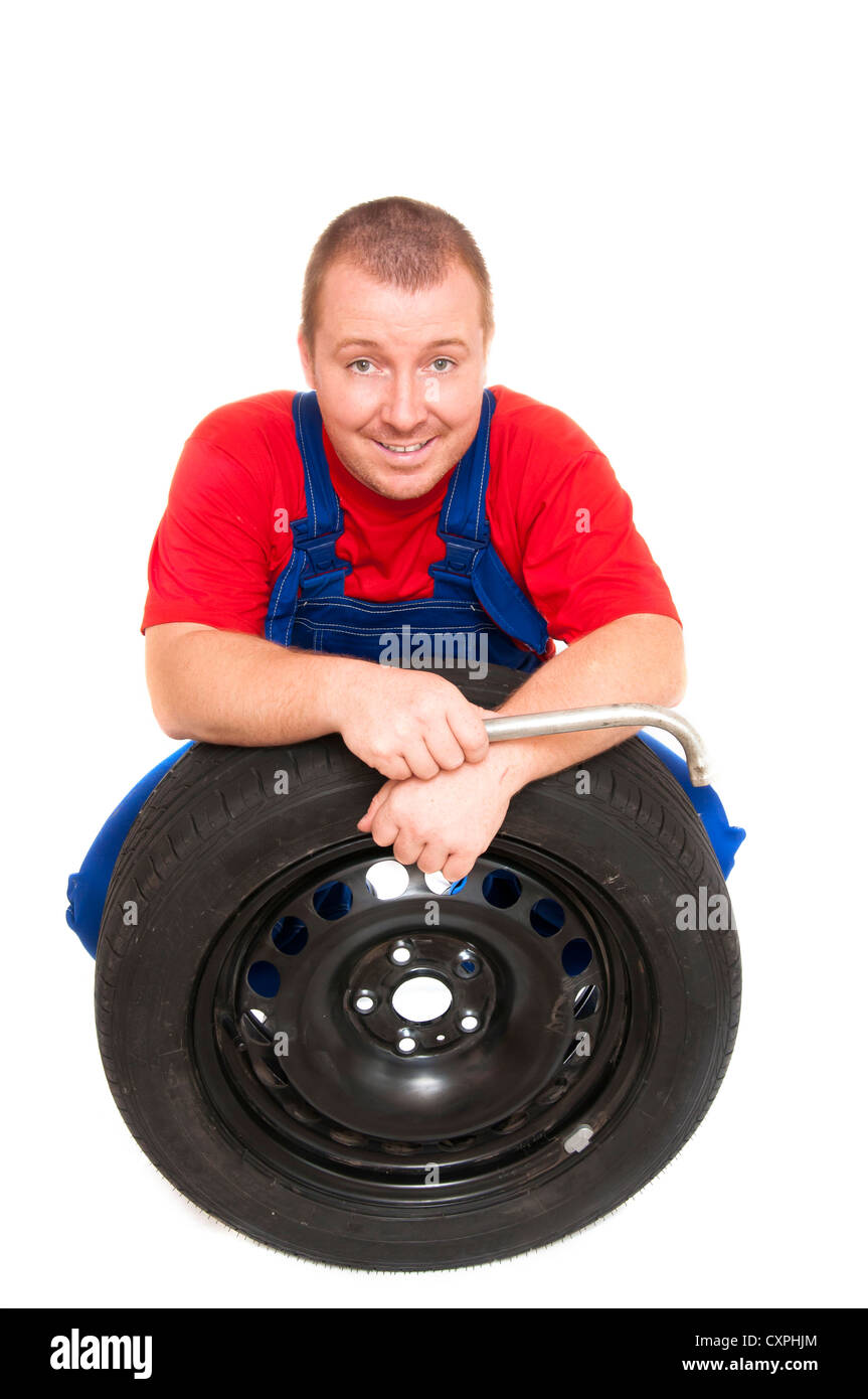 man is based on the wheel on white background Stock Photo - Alamy
