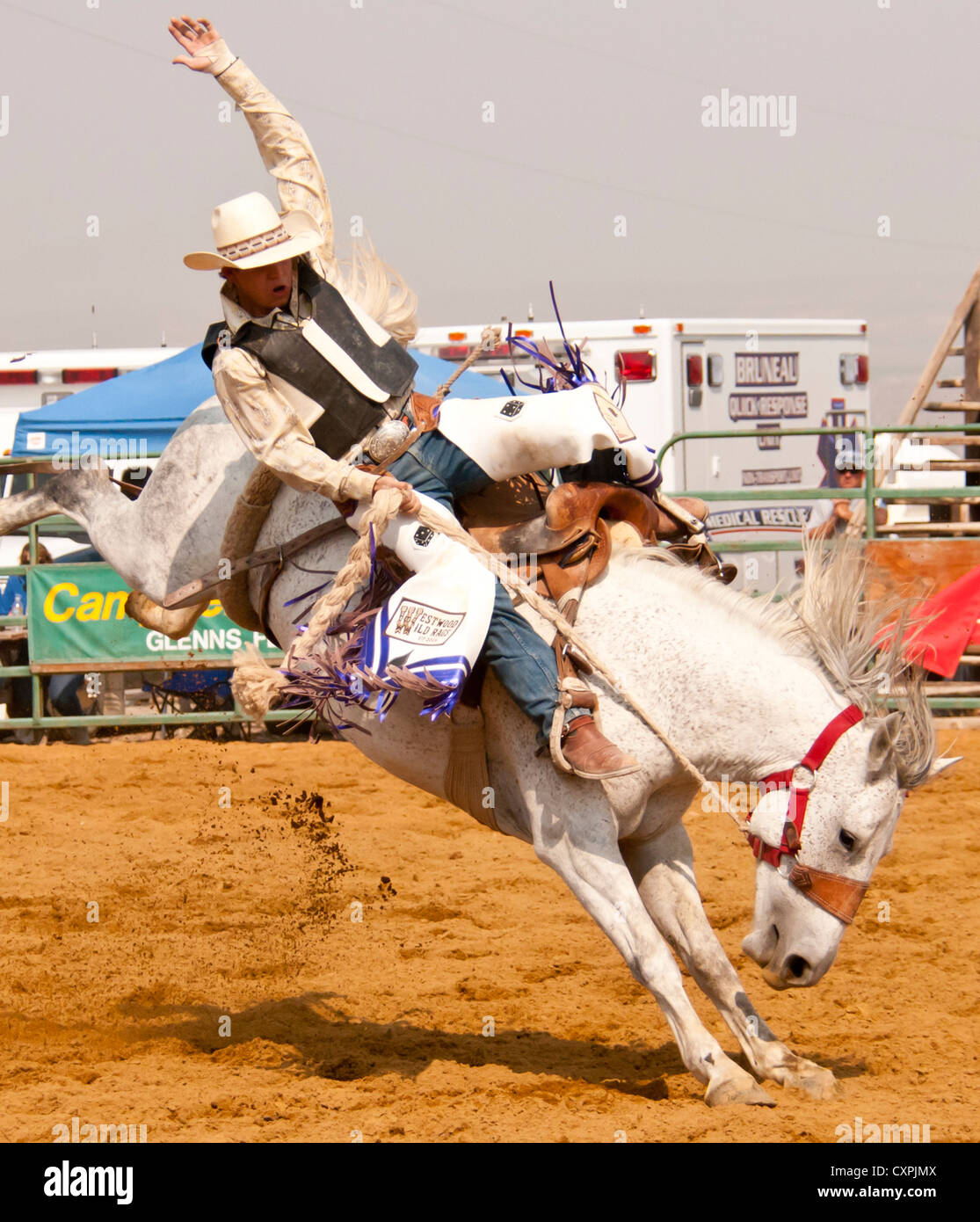 Cowboy Saddle Bronc riding during the Rodeo event, Bruneau, Idaho, USA ...
