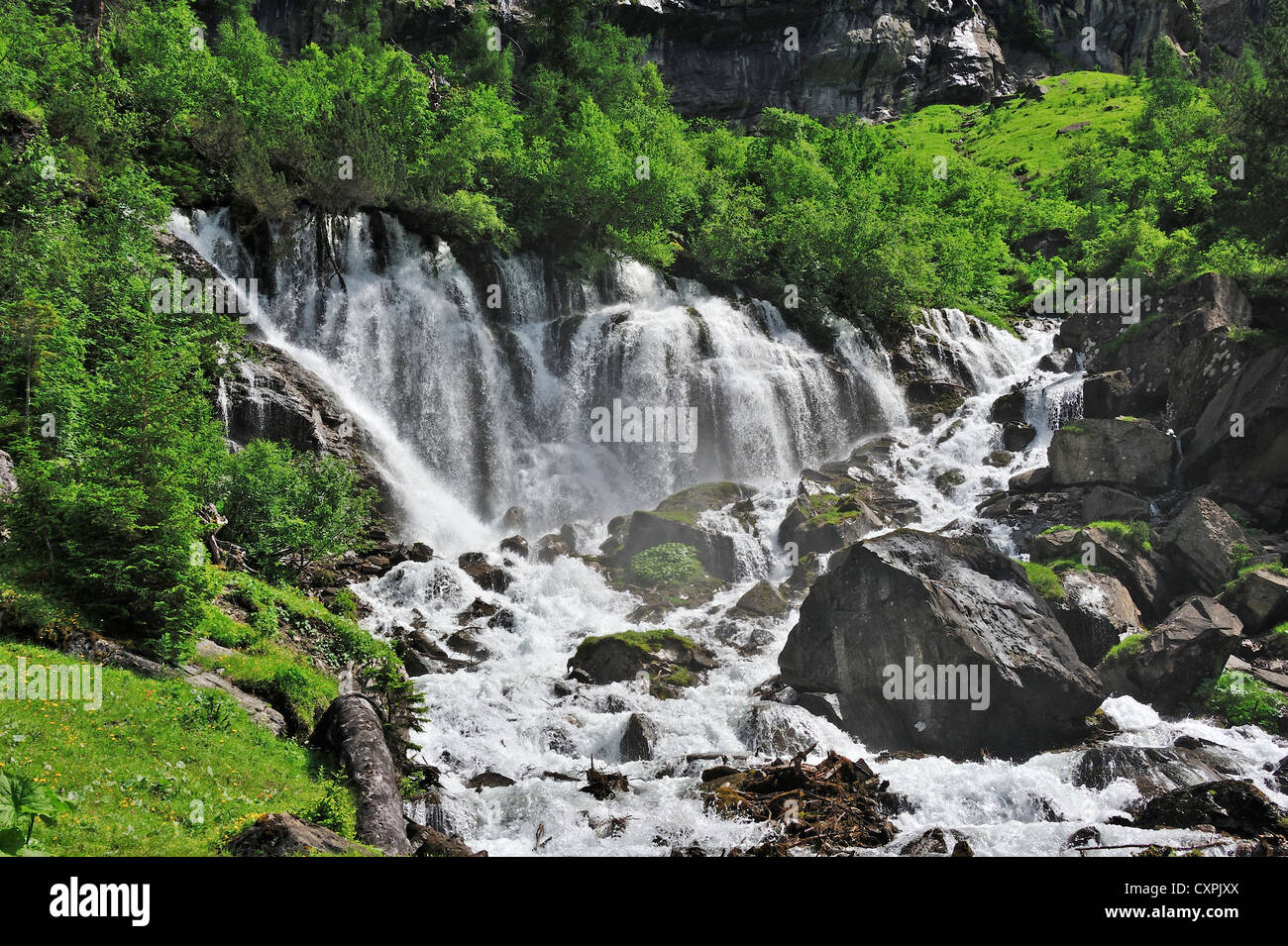 The Siebenbrunnen Falls ('Seven Springs') near Lenk in the Swiss canton ...