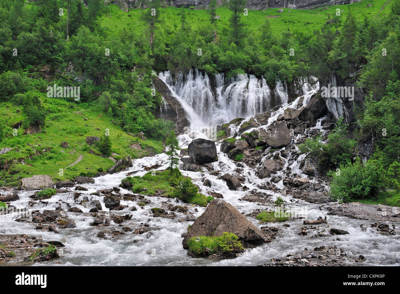 The Siebenbrunnen Falls ('Seven Springs') near Lenk in the Swiss canton ...