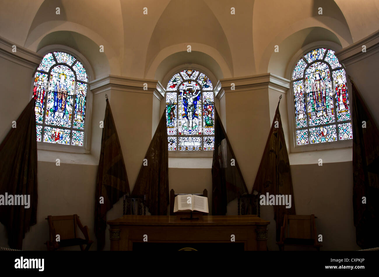 Old military flags (colours) in the chapel at Fort George near ...