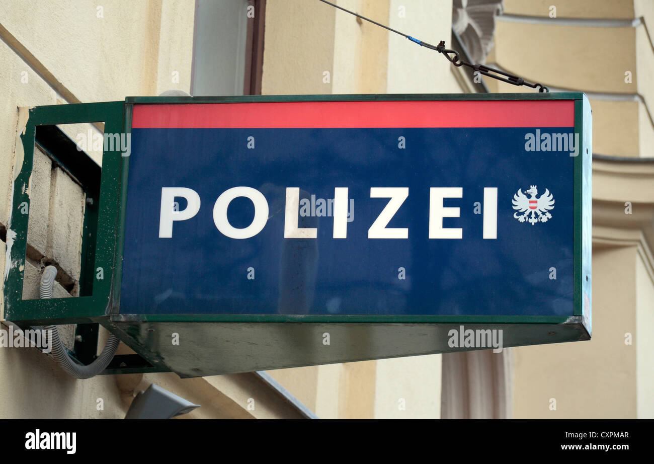 A generic "Polizei" sign outside an Austrian police station in Vienna ...