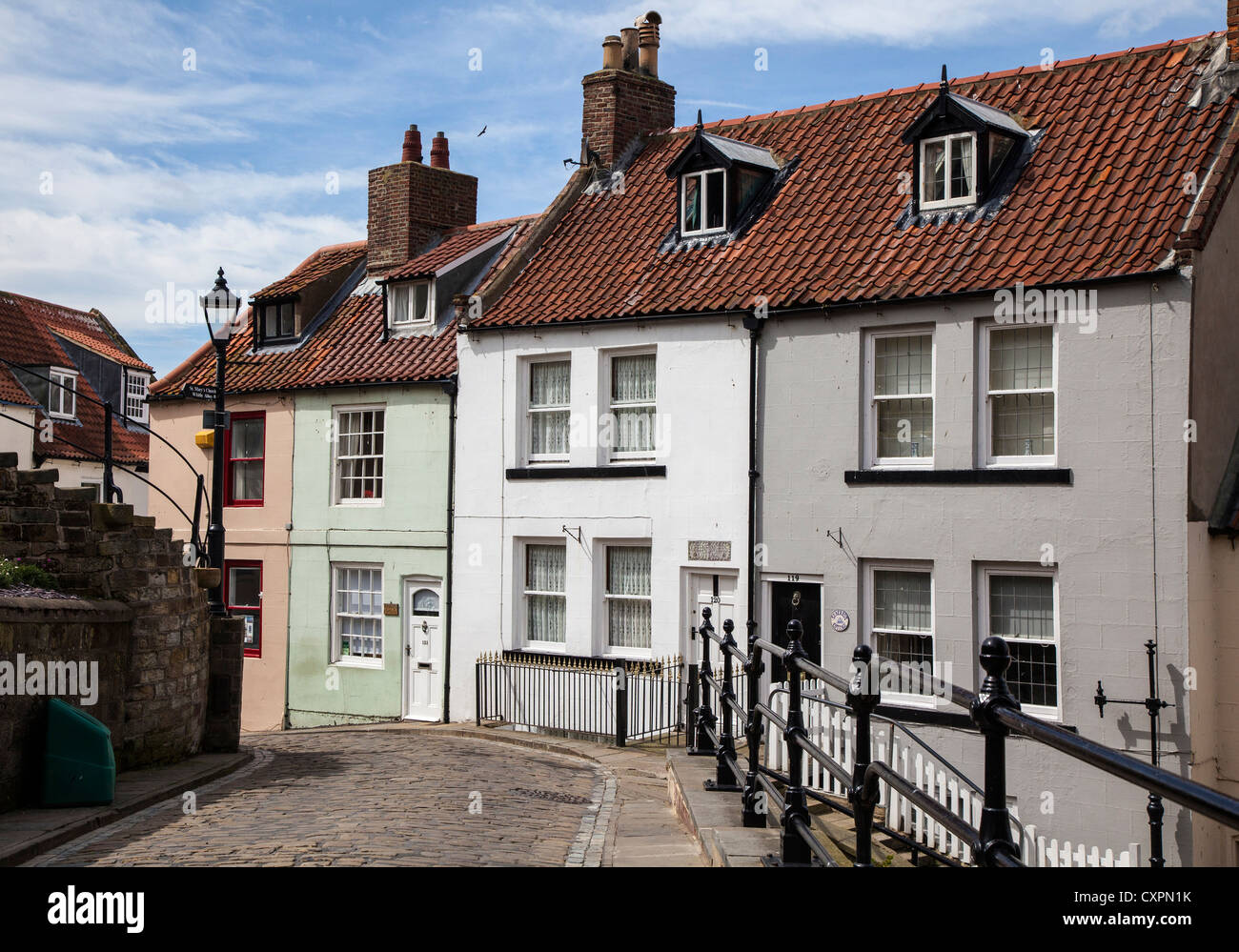 Cottages at the bottom of the 199 steps Whitby Old Town, North ...