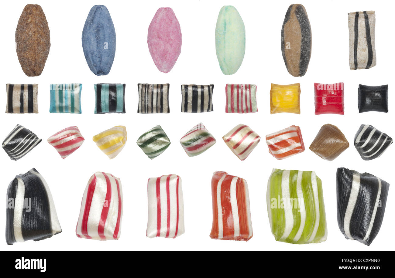 30 kinds of hard candy isolated with soft edges on a white background ...