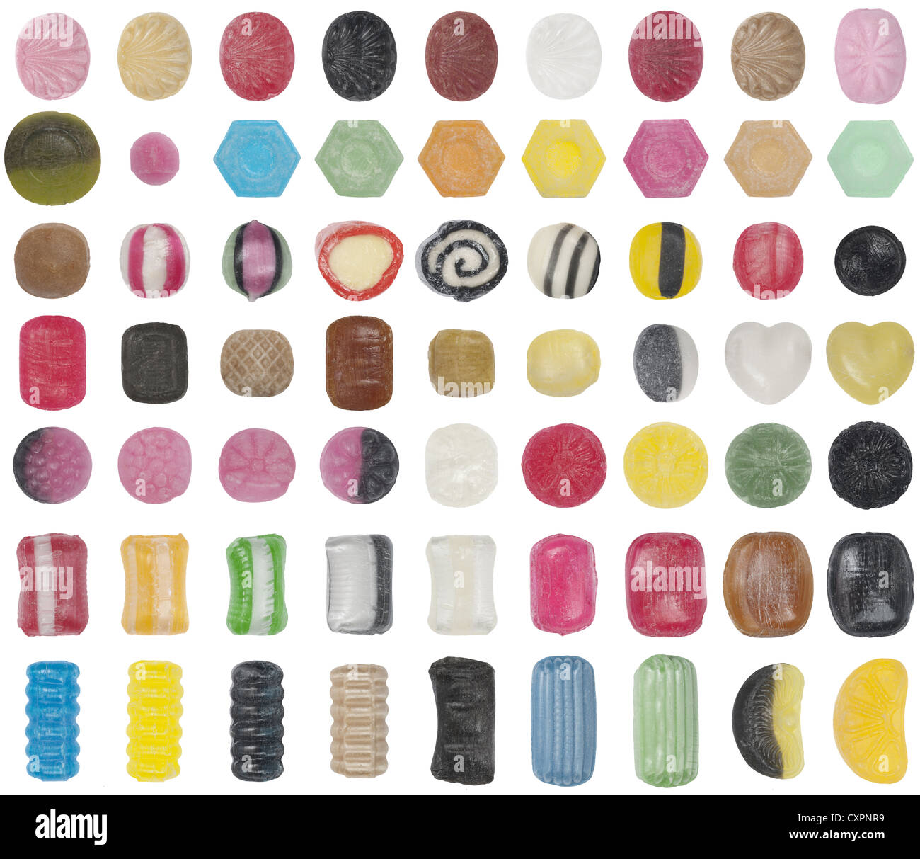 63 kinds of hard candy isolated with soft edges on a white background ...
