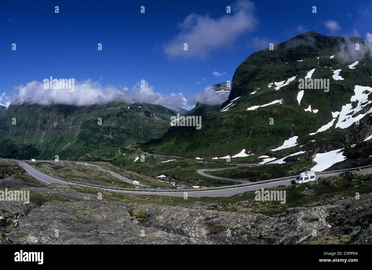 Norway, Vestlandet, the very winding road dropping towards ...