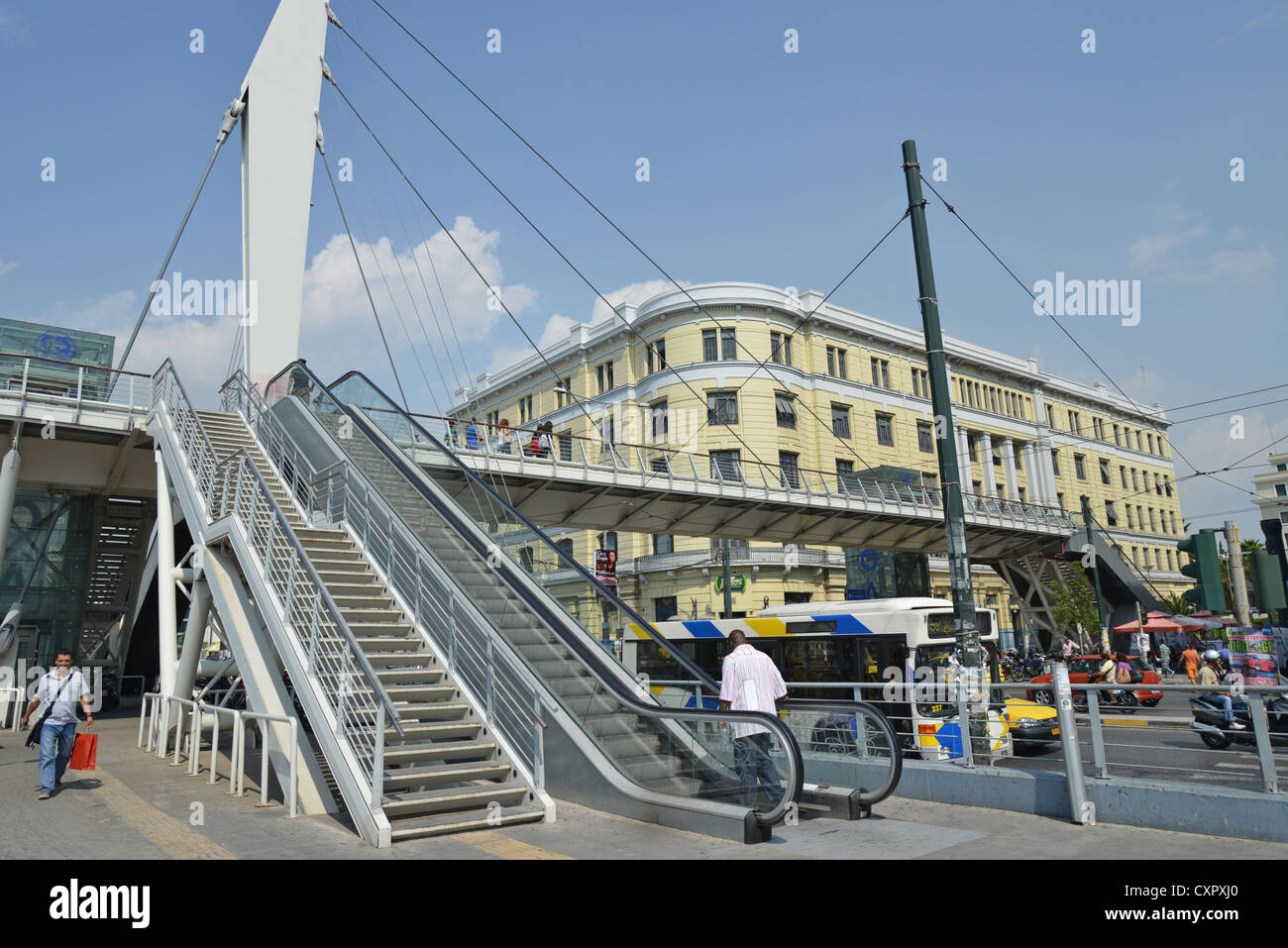 Lifts to pedestrian bridge in downtown Piraeus, Athens, Attica Region ...