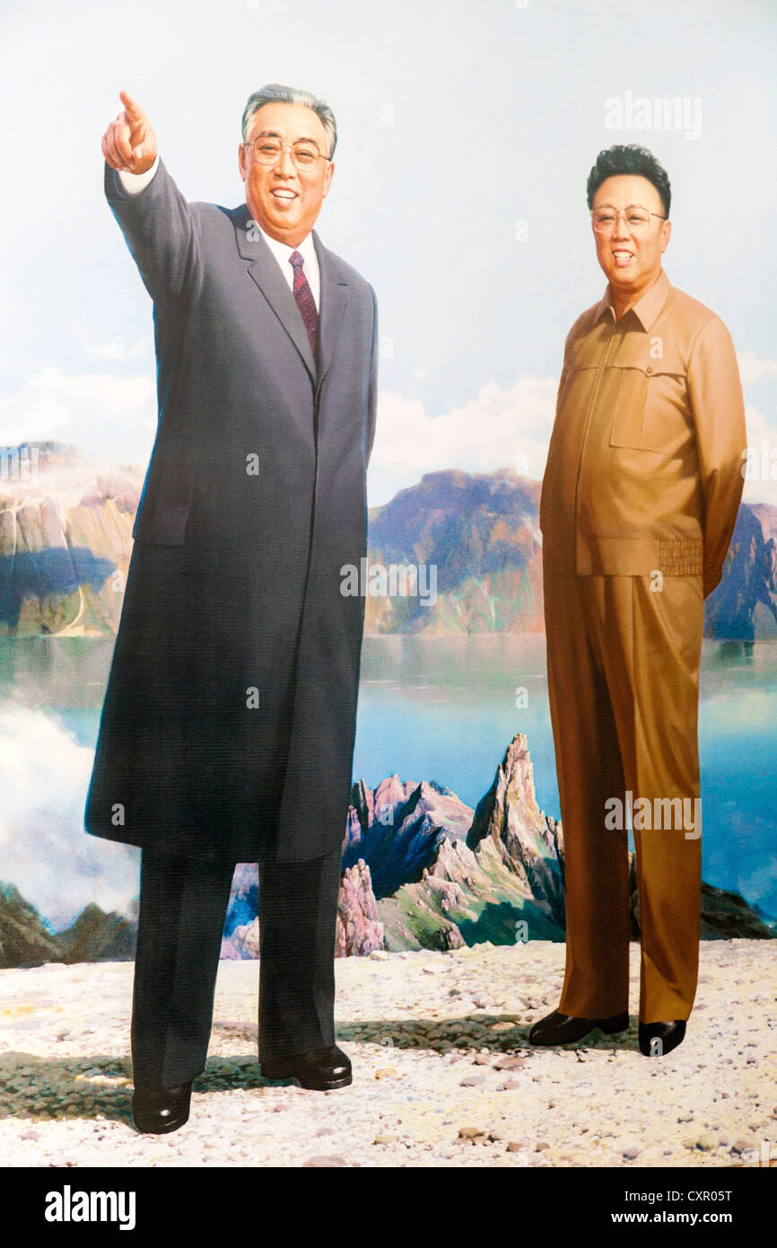 Democratic Peoples's Republic of Korea (DPRK), North Korea, painting of the Great Leaders, Kim ...