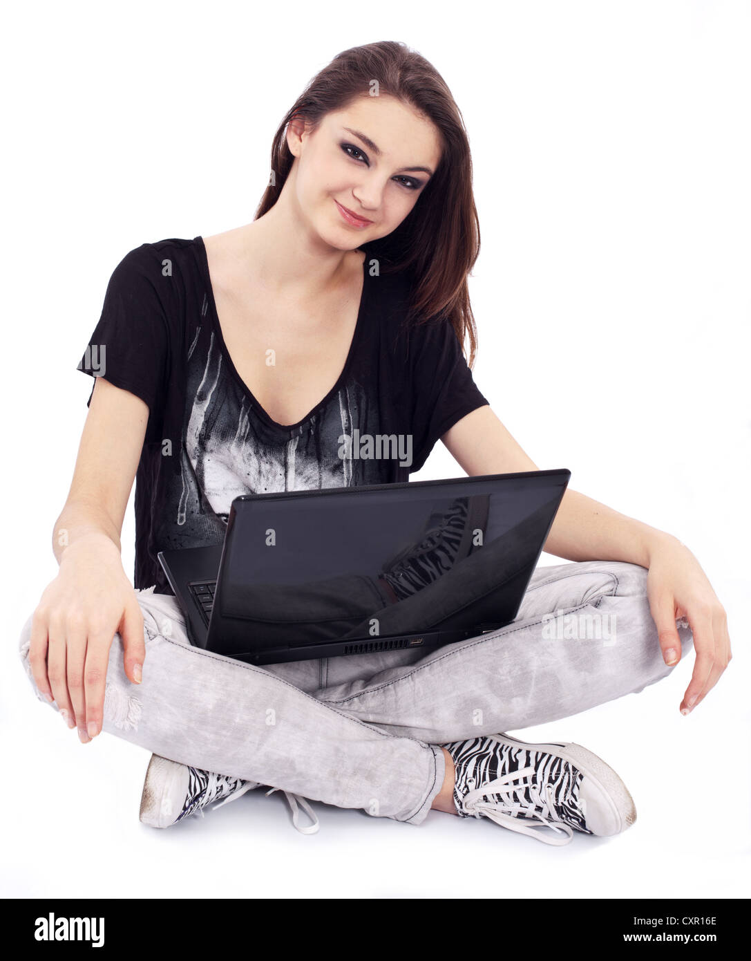 Young girl with notebook isolated on white background Stock Photo - Alamy