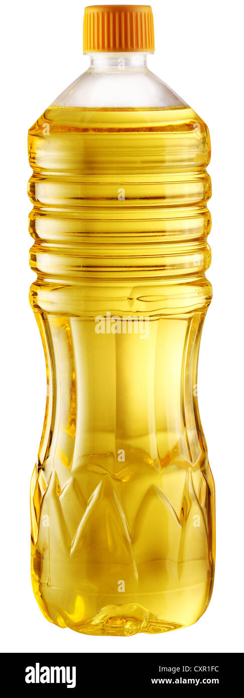 Cooking oil in a plastic bottle on a white background. File contains a ...