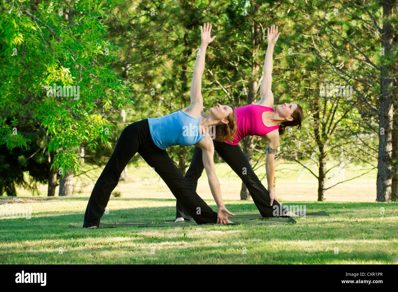 Two women practising yoga together in a park Stock Photo - Alamy