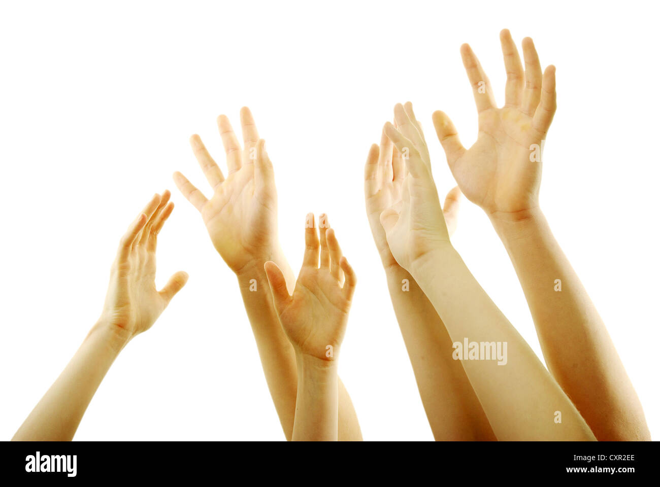 Many hand lifted up on white background Stock Photo - Alamy