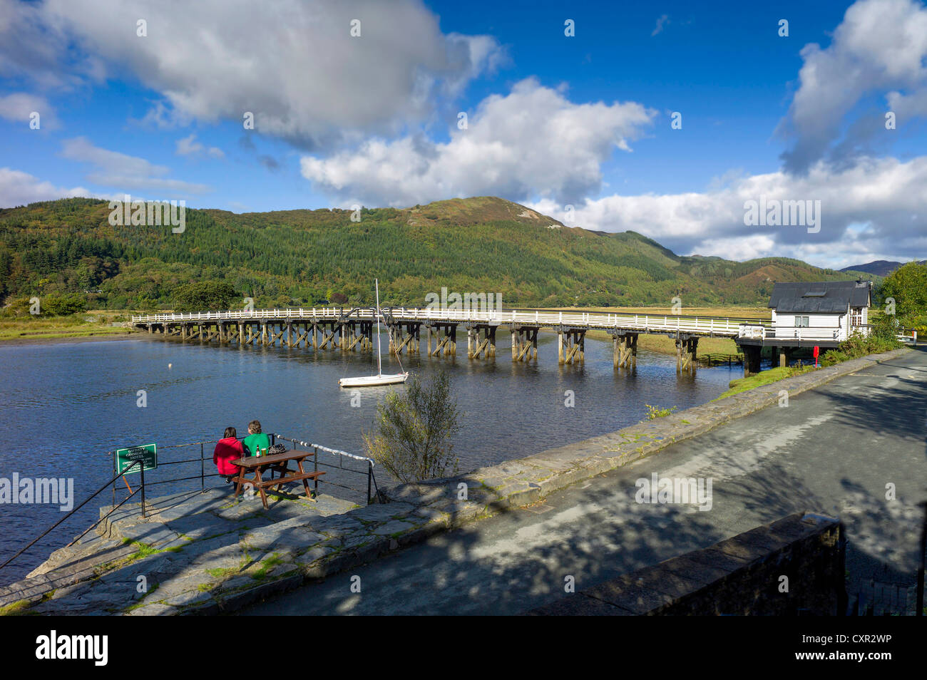 Adult male & female sitting at picnic table in foreground facing river ...