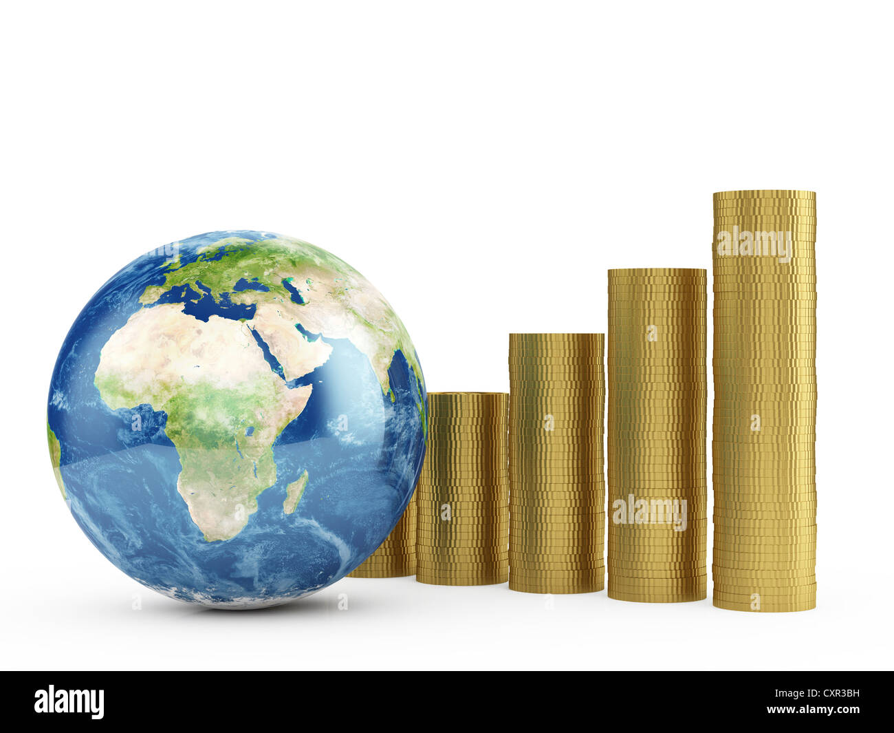 3d illustration of Earth globe with golden coins Stock Photo - Alamy