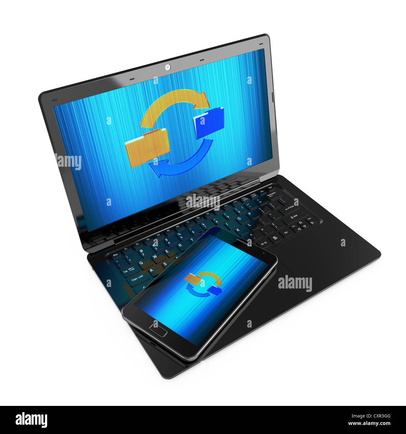 illustration of synchronizing of data between laptop and phone Stock Photo - Alamy