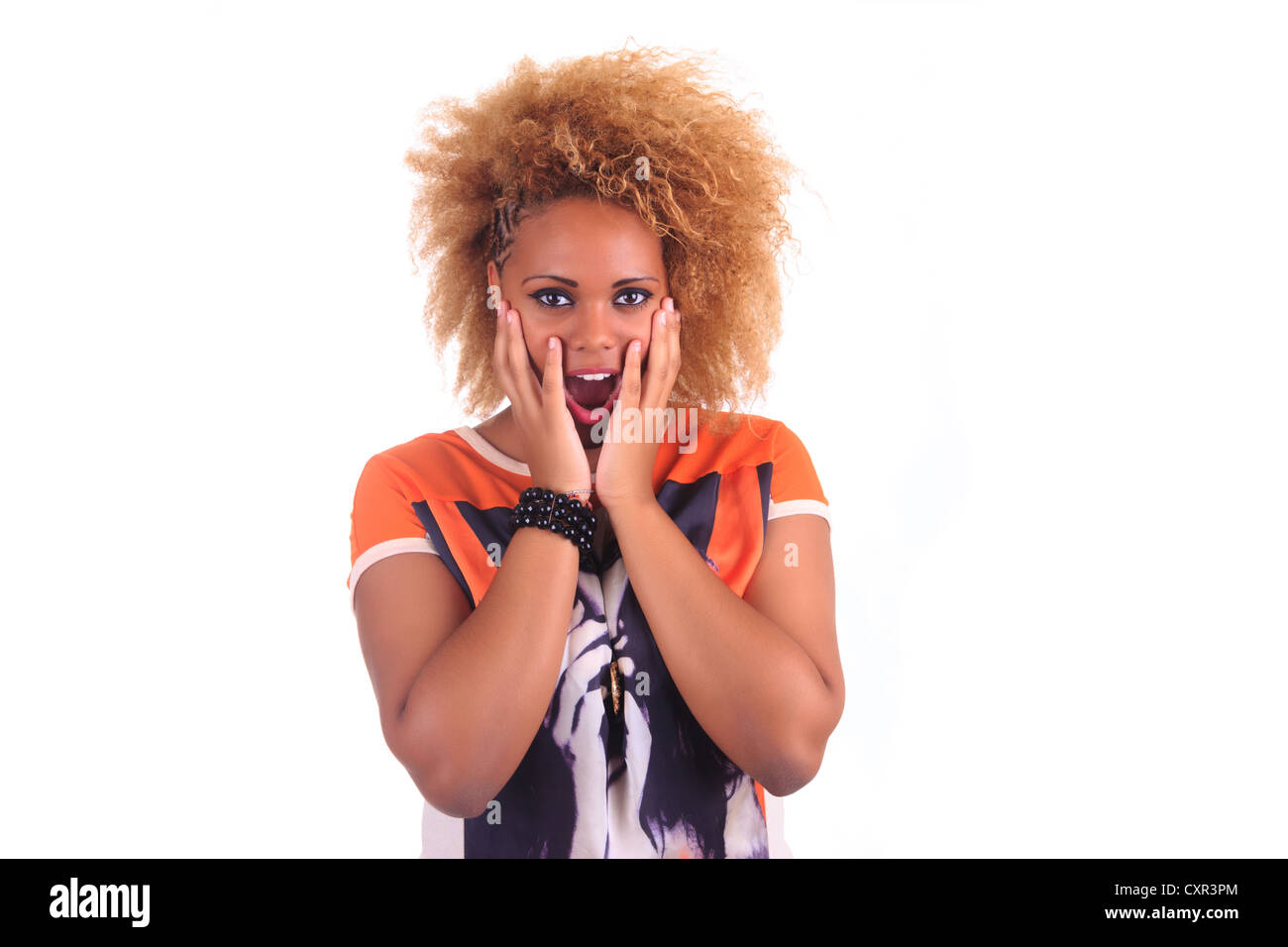 beautiful African woman smiling with long hair afro curly isolated ...