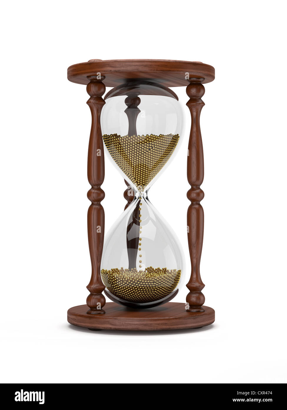 3d illustration of gold spheres in wooden hourglass crumble down ...