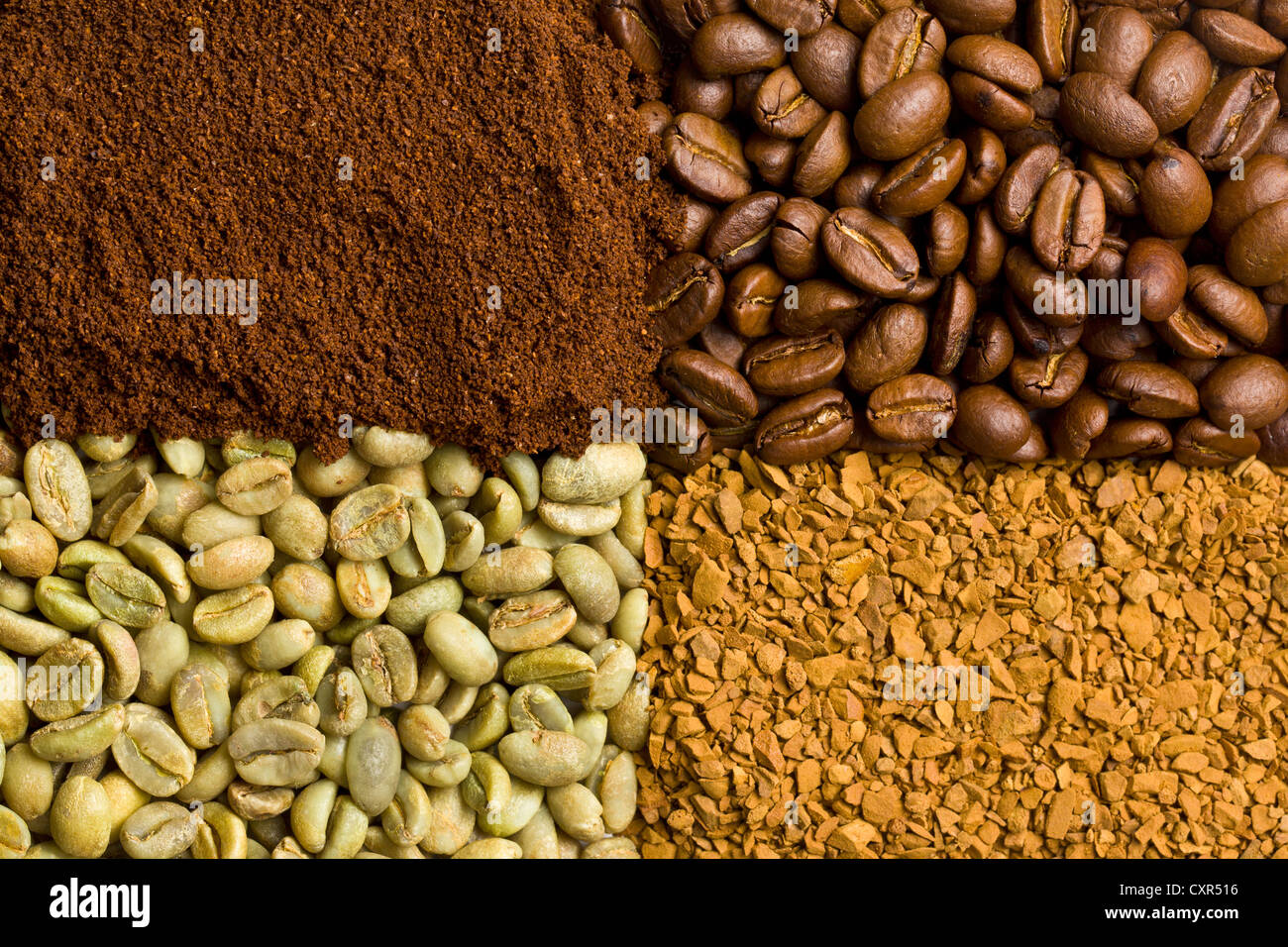 green, roasted, ground and instant coffee background Stock Photo - Alamy