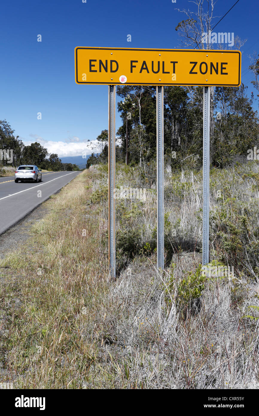 Traffic sign, lettering "End of fault zone", Hawai'i Volcanoes National ...