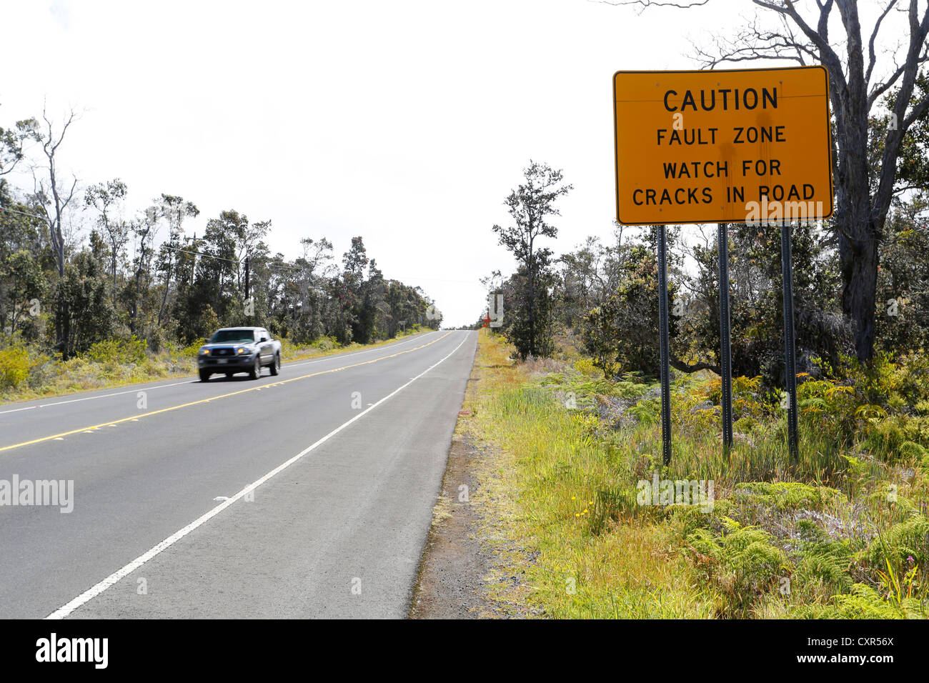 Warning sign, fault zone, Hawai'i Volcanoes National Park, Big Island ...