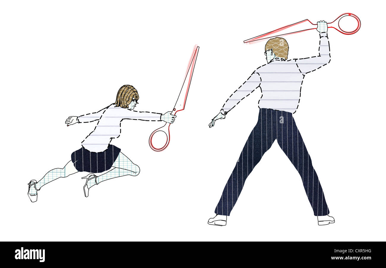 Colleagues fighting against each other with half a pair of scissors ...