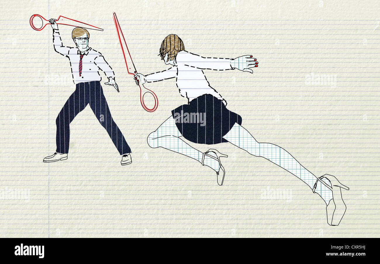 Colleagues fighting against each other with half a pair of scissors ...