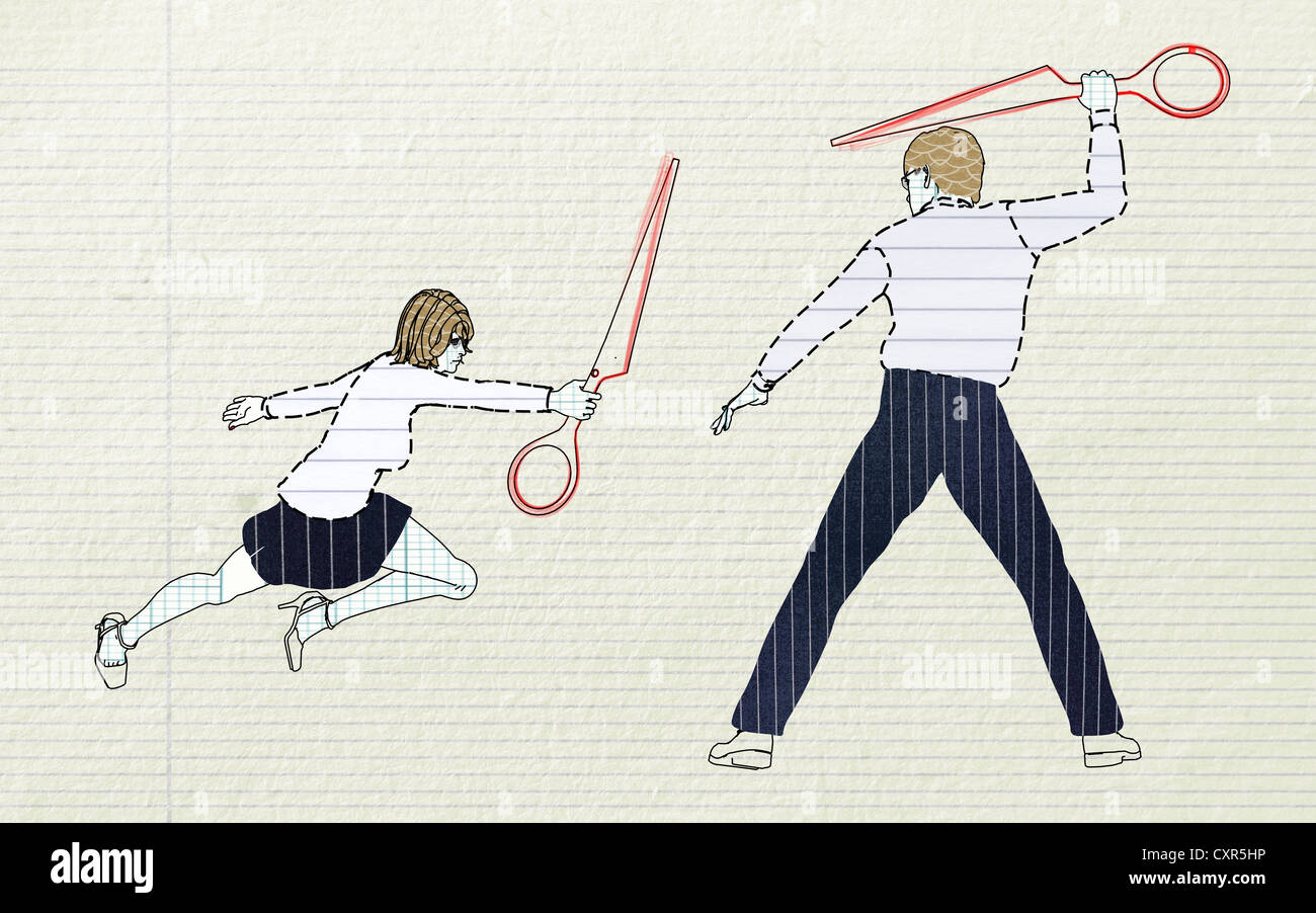 Colleagues fighting against each other with half a pair of scissors ...