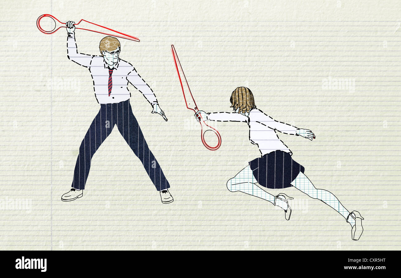 Colleagues fighting against each other with half a pair of scissors ...