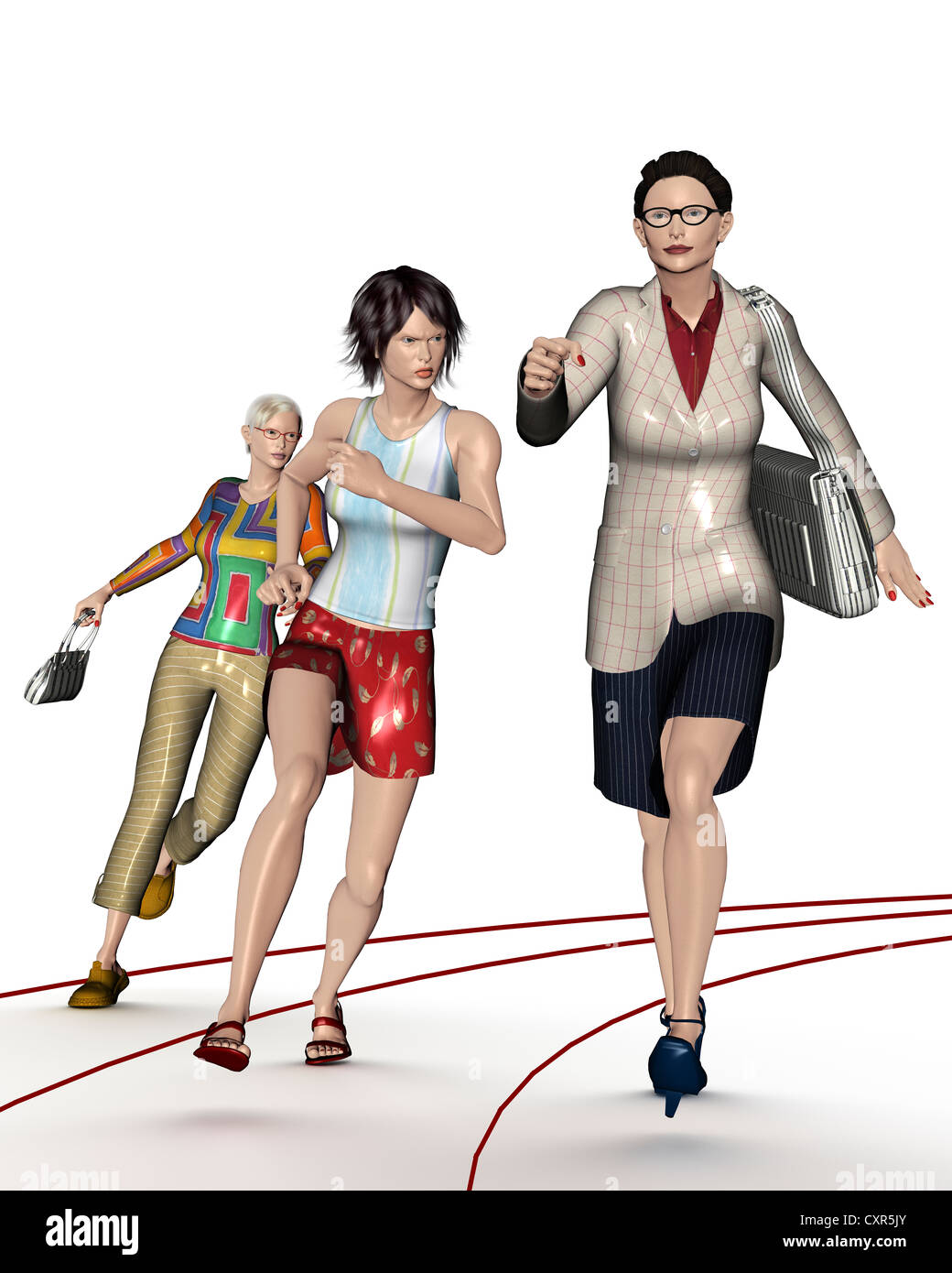 Women, competitors on a track or path, symbolic image for career ...