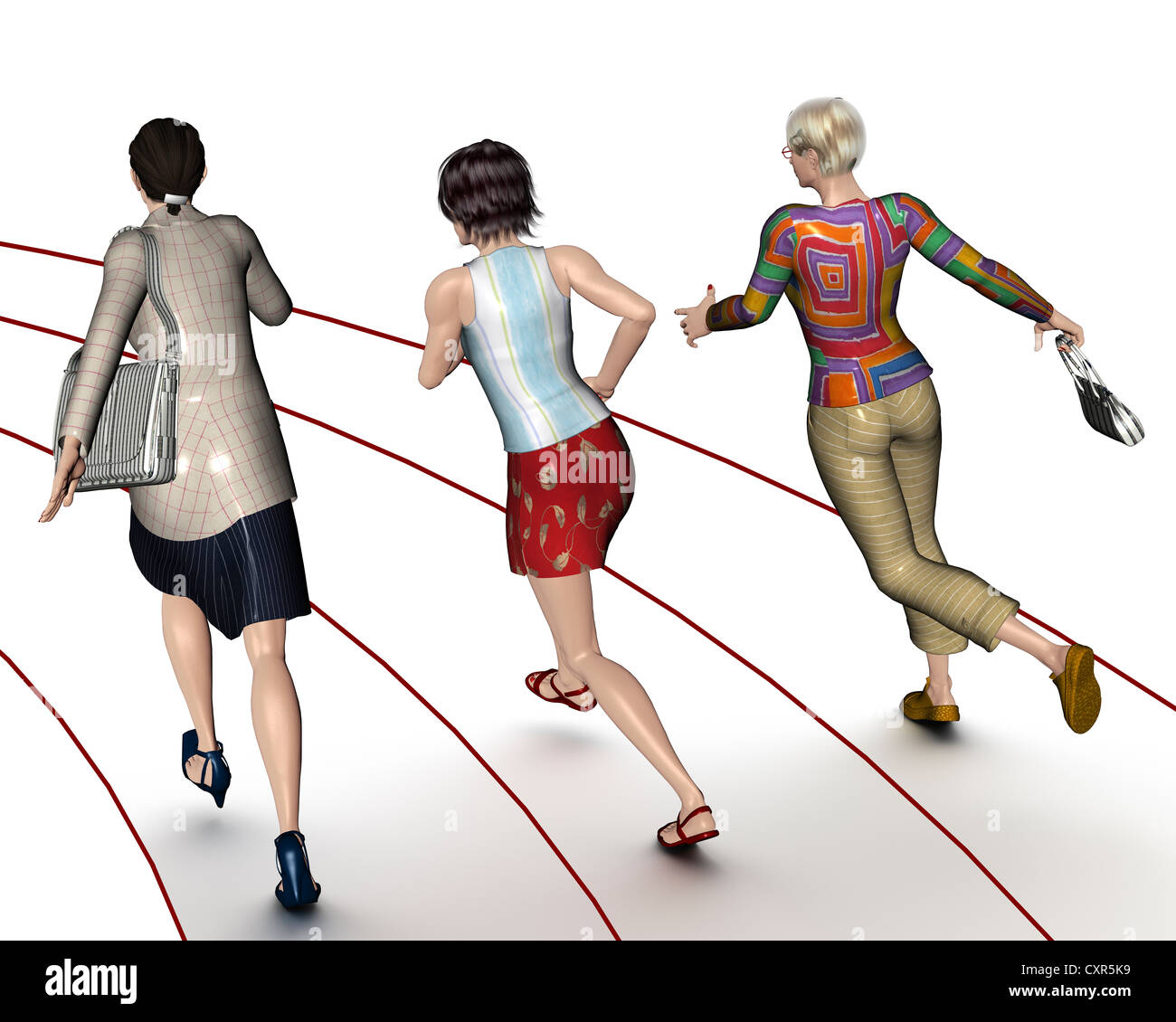 Women, competitors on a track or path, symbolic image for career ...