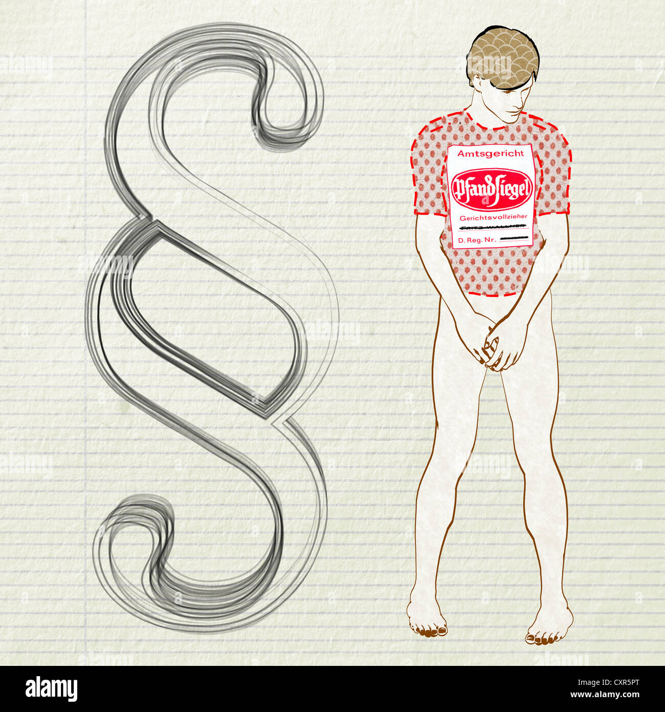 Man with a bailiff's seal, section sign, symbolic image for garnishment ...