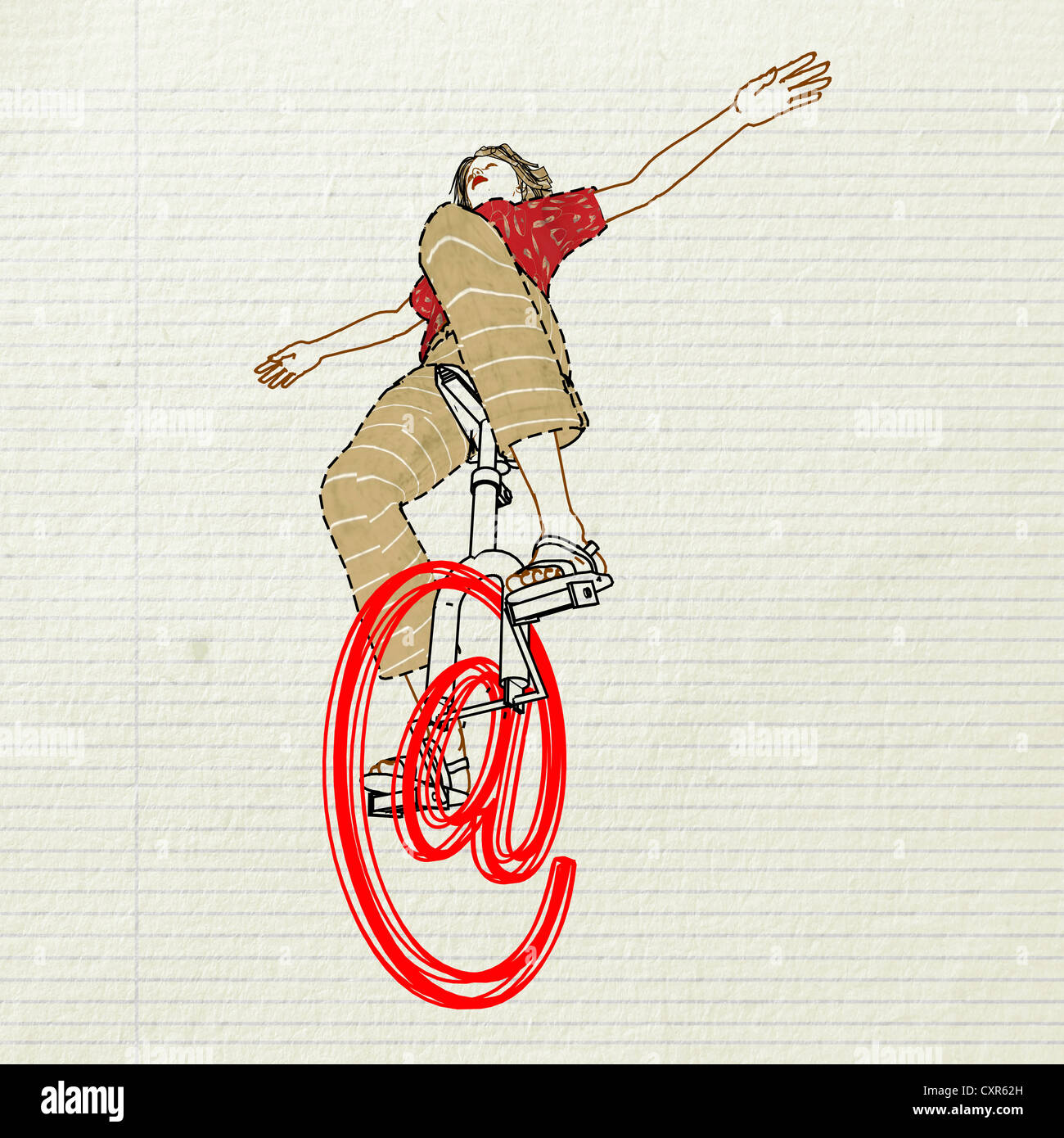Woman cycling on an "at" symbol using it as a unicycle, symbolic image ...