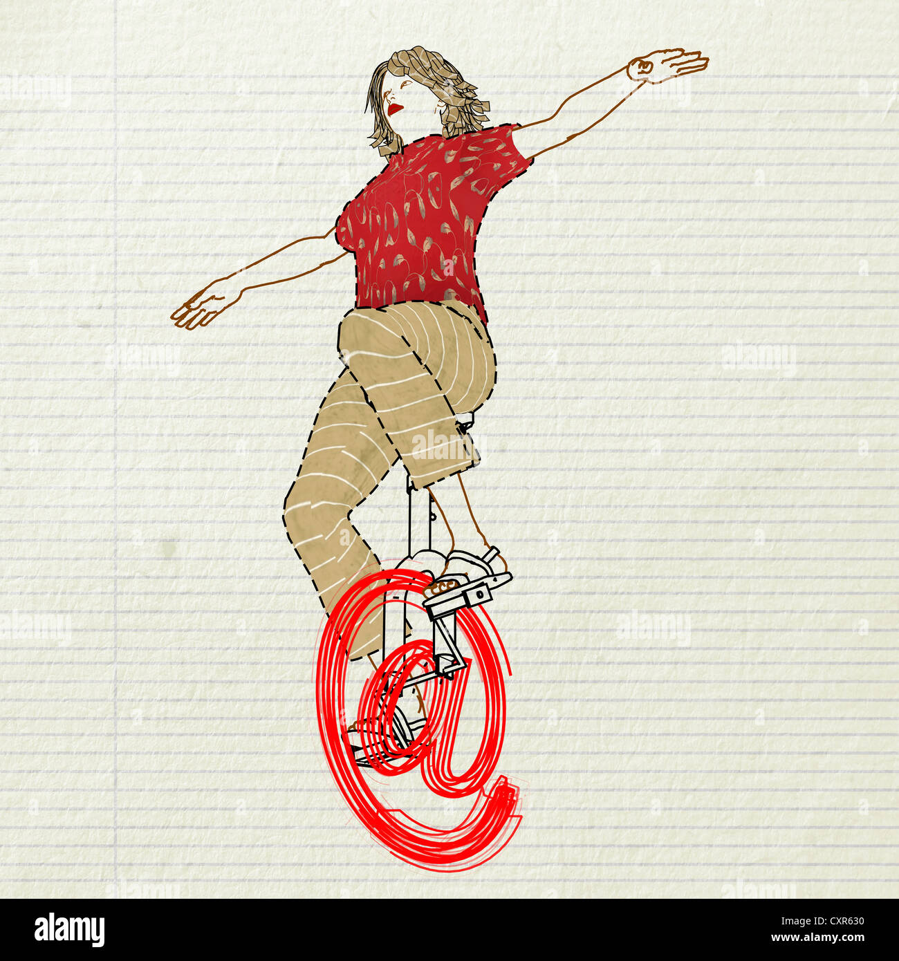 Woman cycling on an "at" symbol using it as a unicycle, symbolic image ...