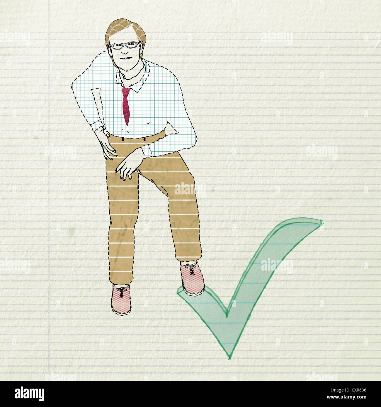 Man leaning on a green check mark, ticked off, illustration Stock Photo ...