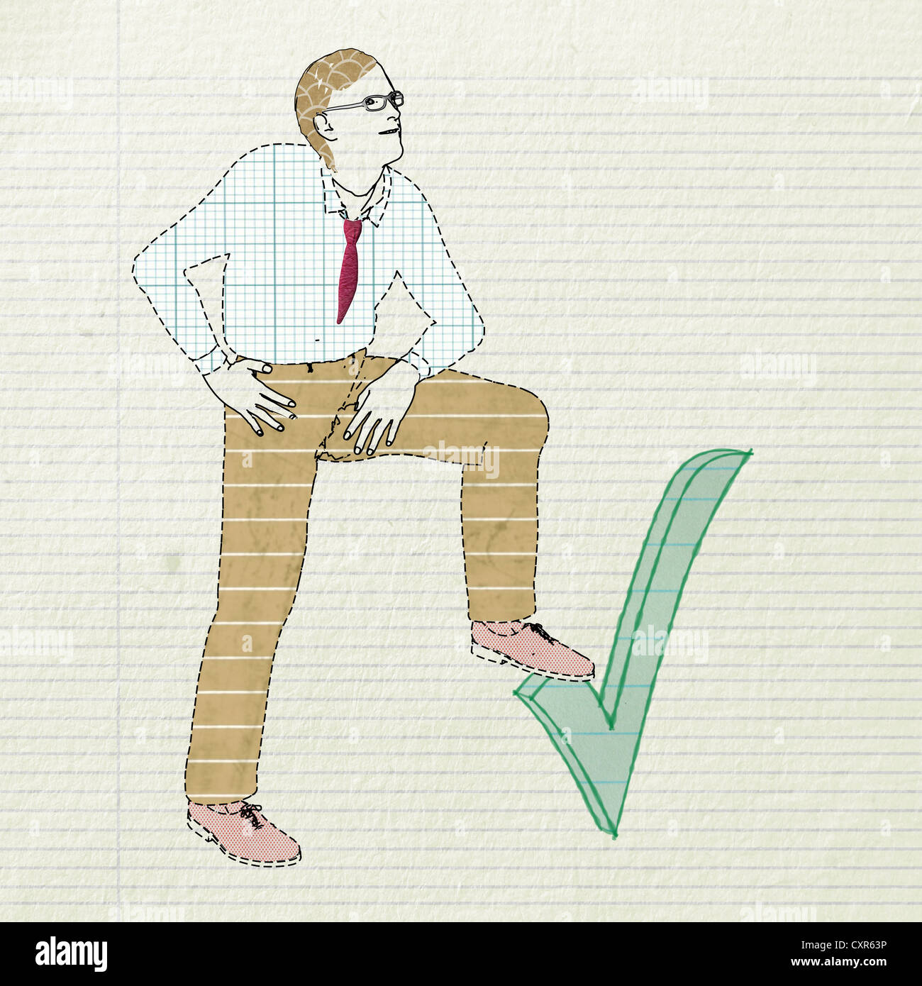 Man leaning on a green check mark, ticked off, illustration Stock Photo ...