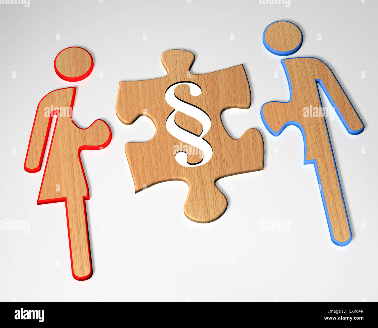 Woman and man as pieces of a puzzle, German legal sign, symbolic image ...