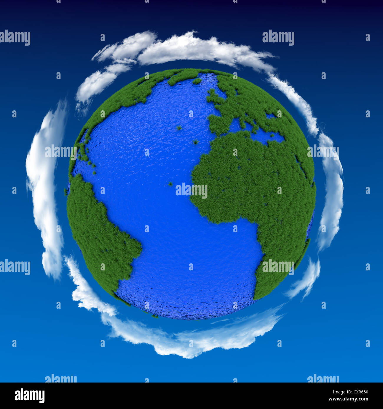 3d render of earth ecological concept with grass, water and clouds ...