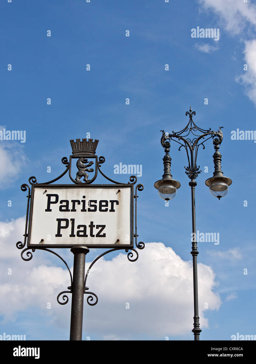 Pariser Platz square, historic sign and street lamp, Berlin, Germany ...