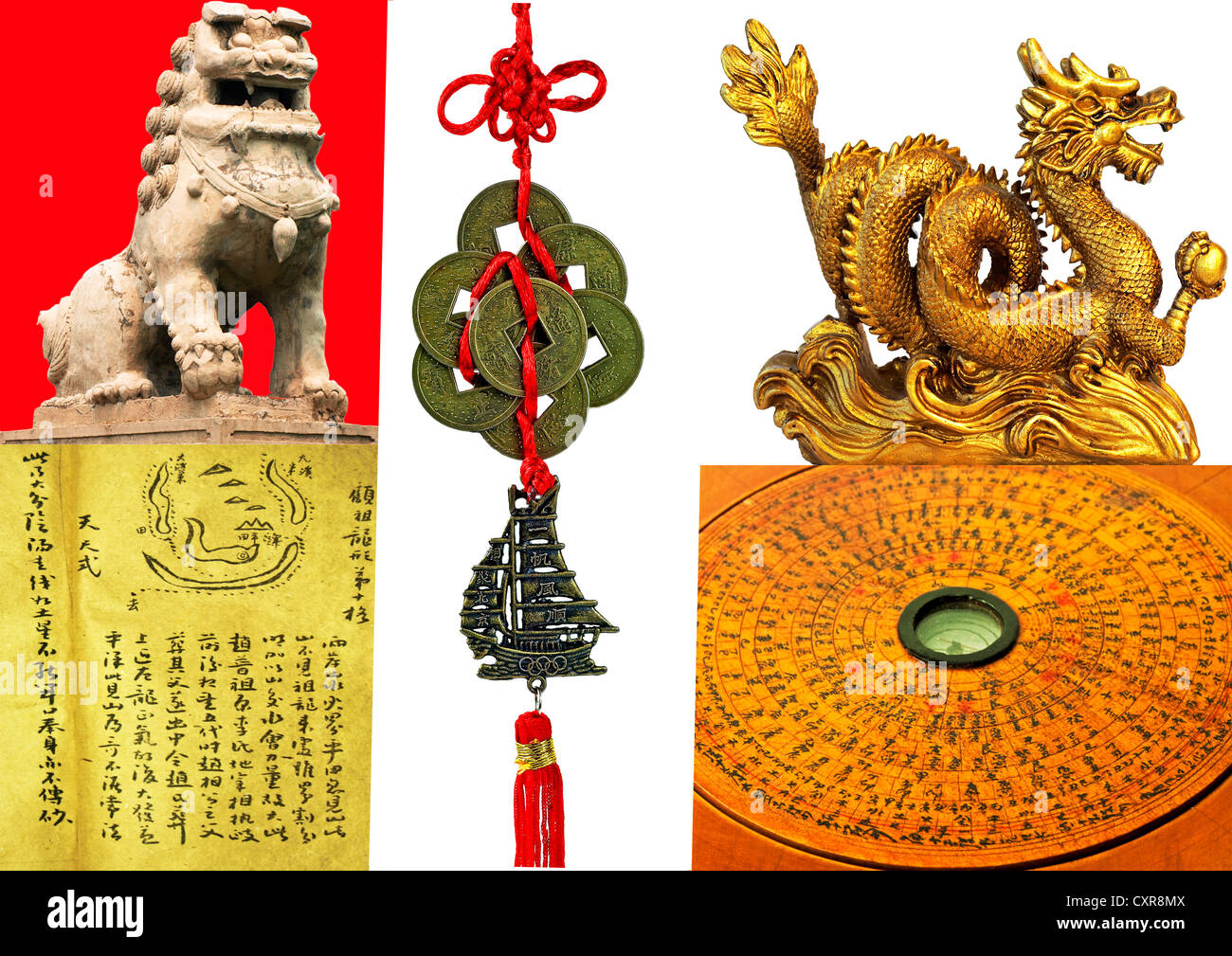 Feng Shui and tools,dragon,compass text lion and coins for luck Stock ...