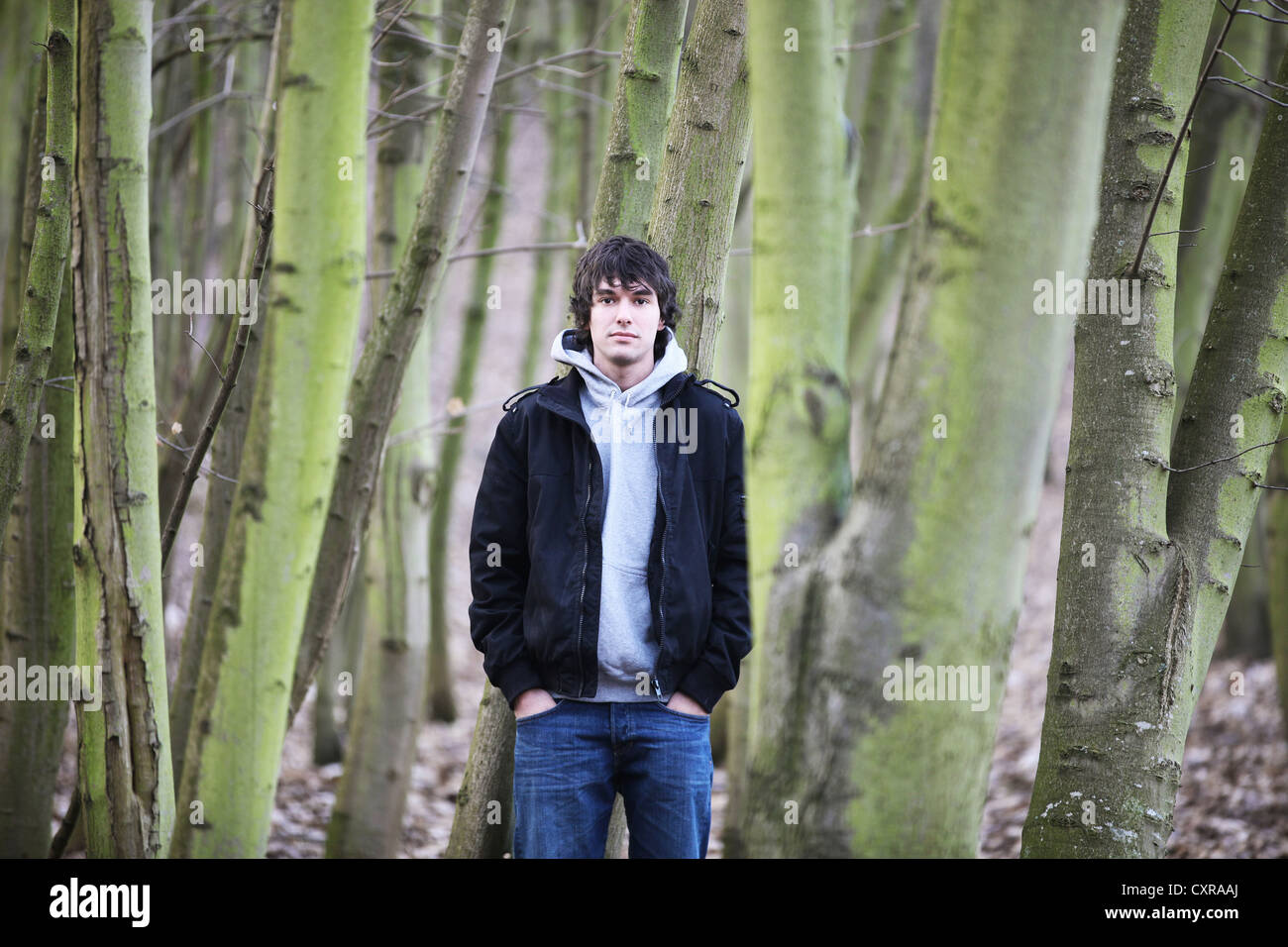 Youth standing in a forest Stock Photo - Alamy