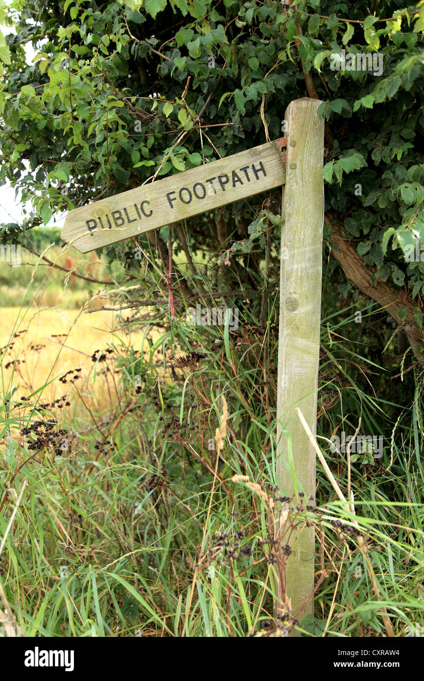 An old & rotting wooden Public Footpath sign set alongside a hedgerow ...