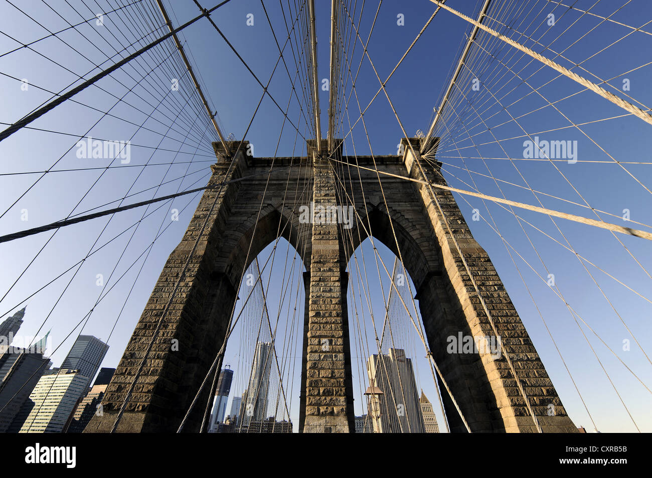Brooklyn Bridge, detail view, bridge piers, Manhattan, New York City ...