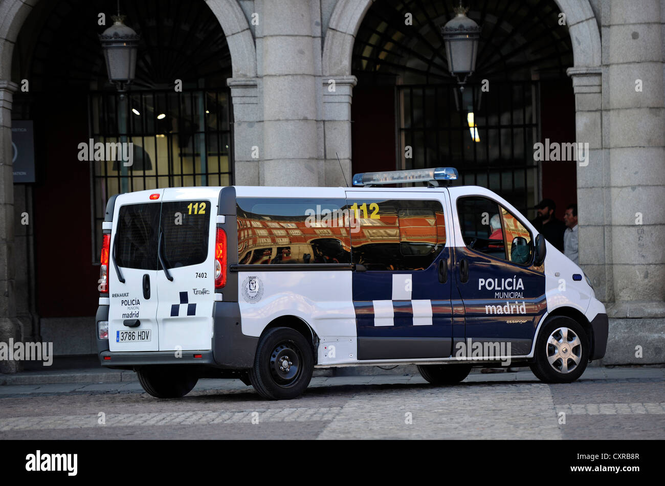 Police vehicle of the city police, Plaza Mayor square, Madrid, Spain ...