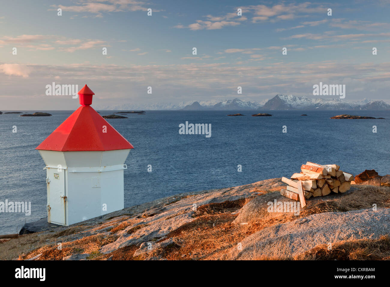 Lighthouse on the coast, Henningsvaer, Lofoten Islands, Norway, Europe ...