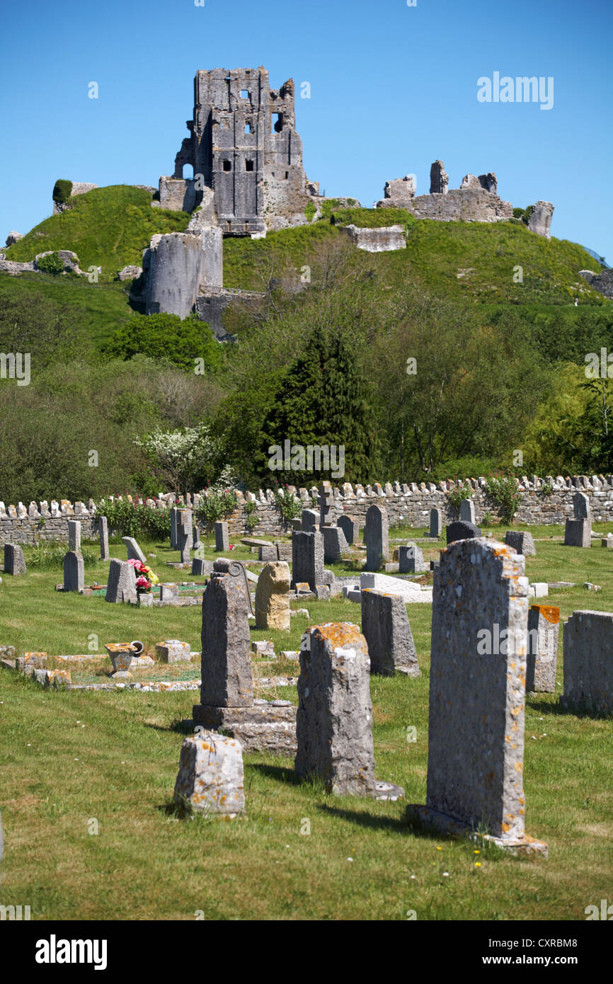 Corfe Castle and Corfe Castle cemetery, Corfe Castle, Dorset UK in May ...