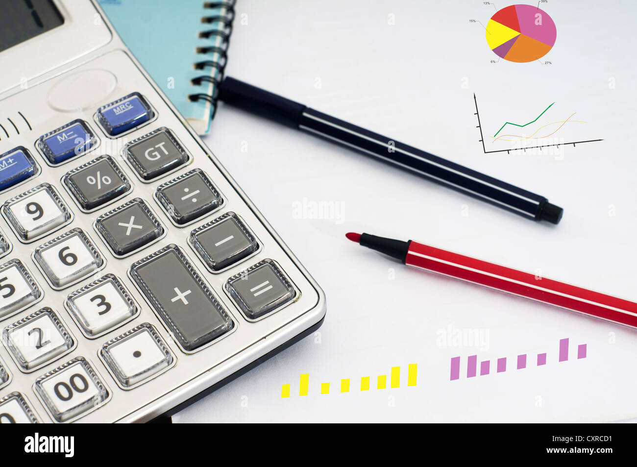 Chart with pen and calculator Stock Photo - Alamy