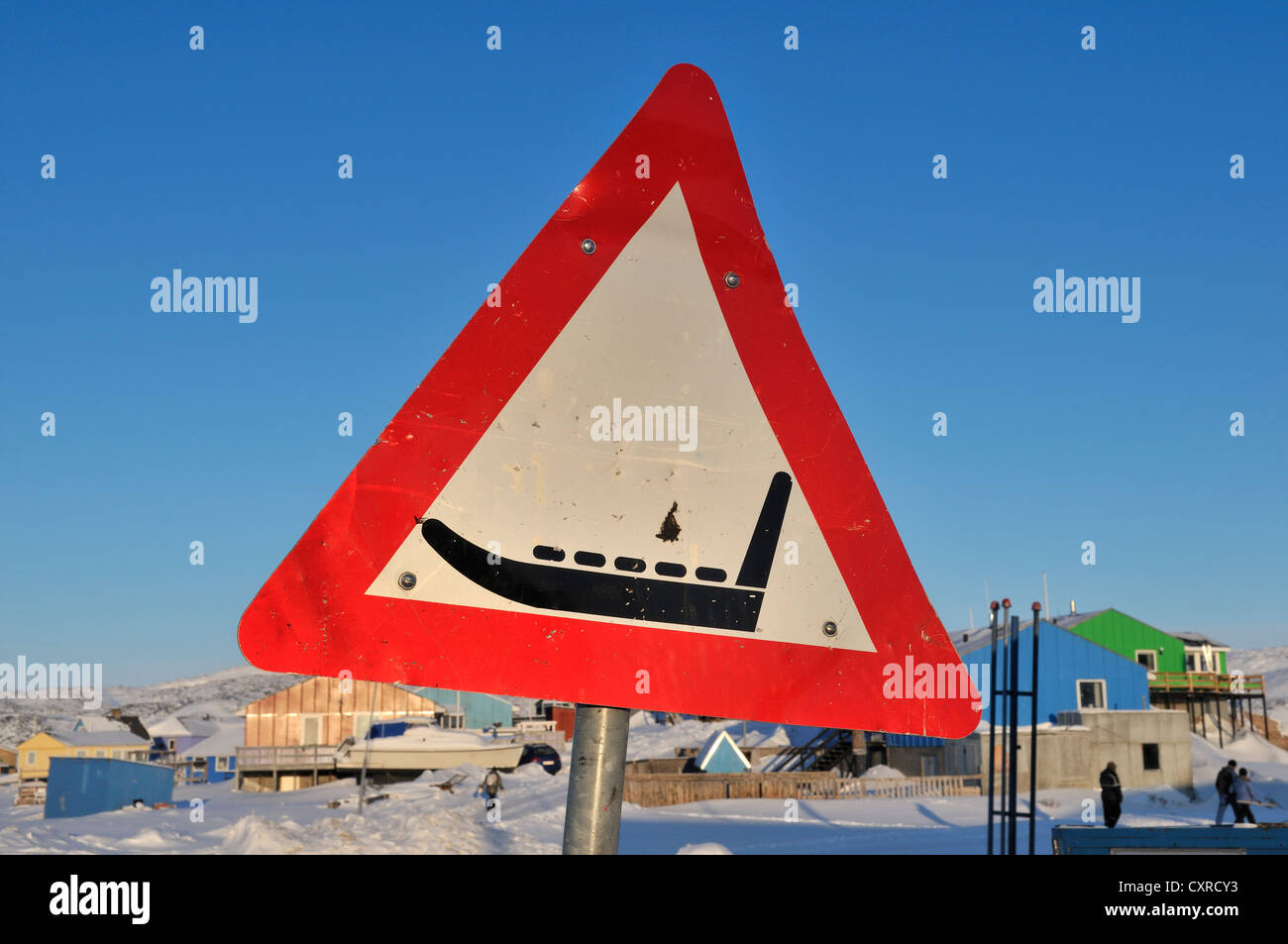 Warning sign, dog sleighs, Ilulissat, Greenland, Arctic North America ...