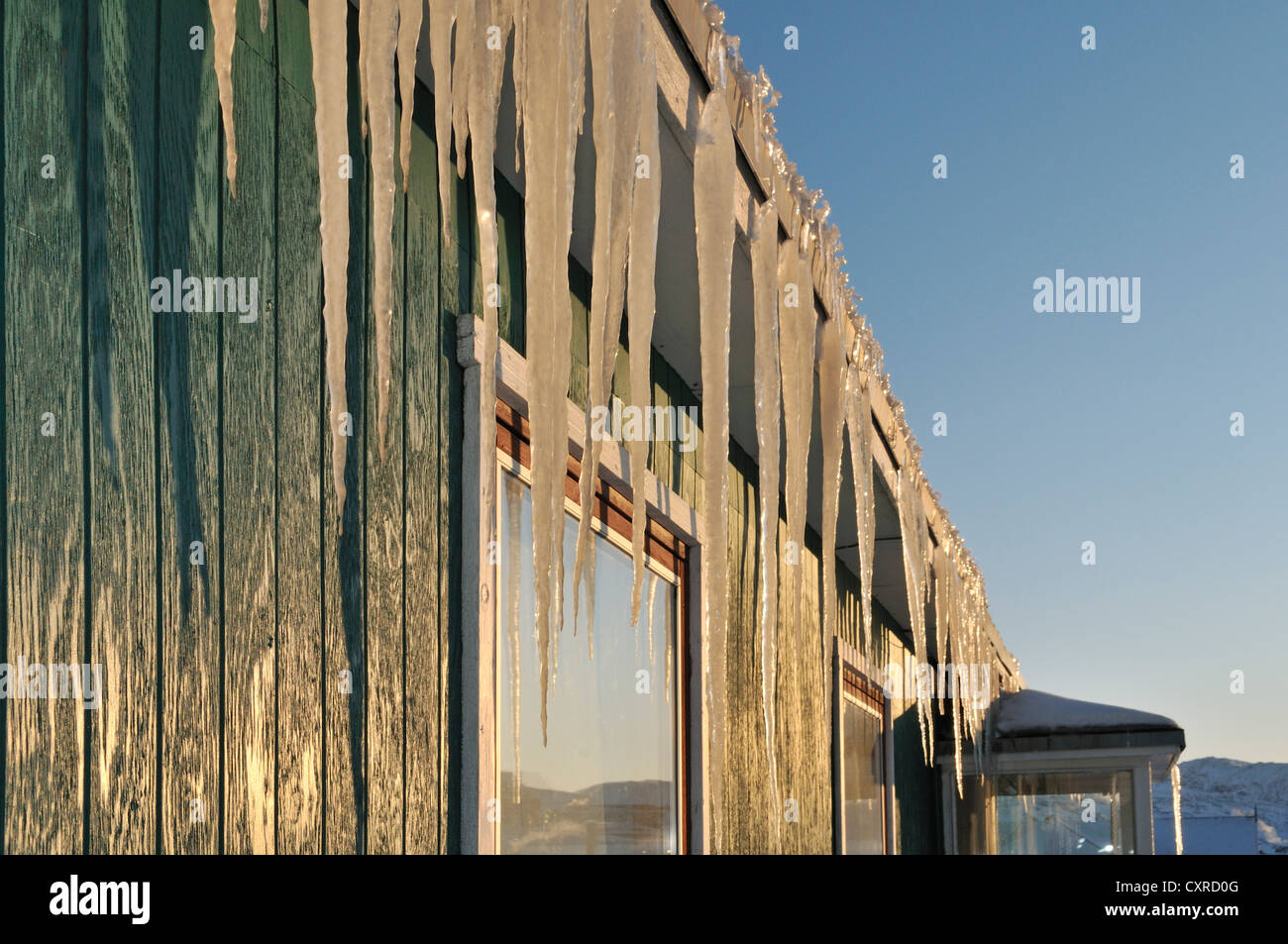 Icicles on a house, Greenland, Arctic North America Stock Photo - Alamy