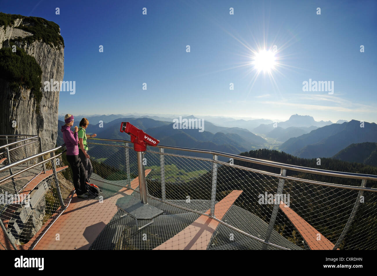 Female hikers standing on the viewing platform, Steinplatte mountain ...